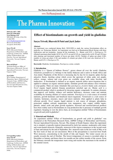 Pdf Effect Of Biostimulants On Growth And Yield In Gladiolus