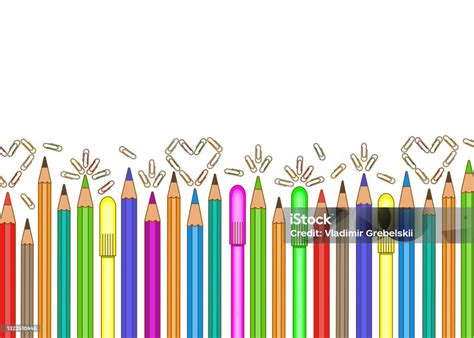 Pensil Berwarna Dan Klip Kertas Templat Ilustrasi Stok Unduh Gambar