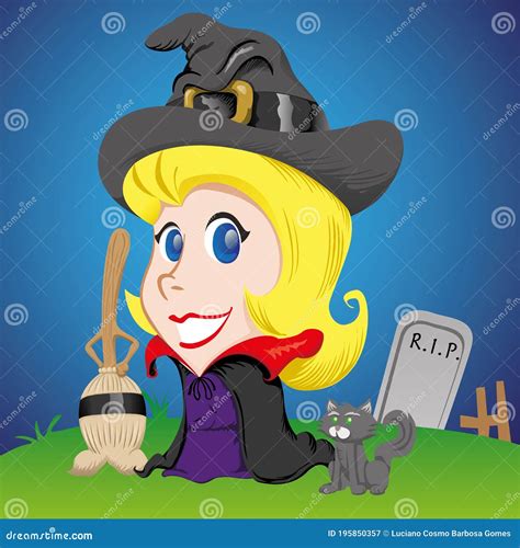 Female Mascot Blonde Girl Witch With Broom And Black Cat Stock Vector