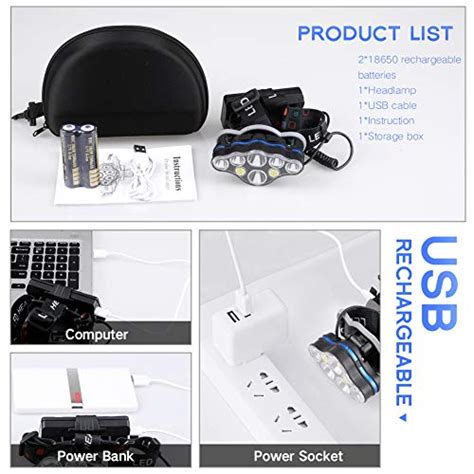 Headlamp Flashlight Moico 13000 Lumens Brightest 8 Led Usb Rechargeable Headlight With White