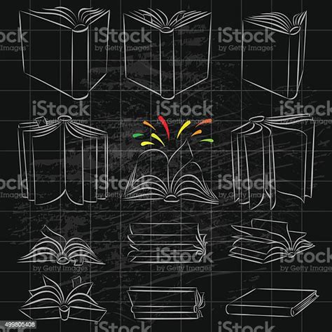 영업중 교재들 다양한 직위를 역임했습니다 분필 On Blackboard 책에 대한 스톡 벡터 아트 및 기타 이미지 책 칠판