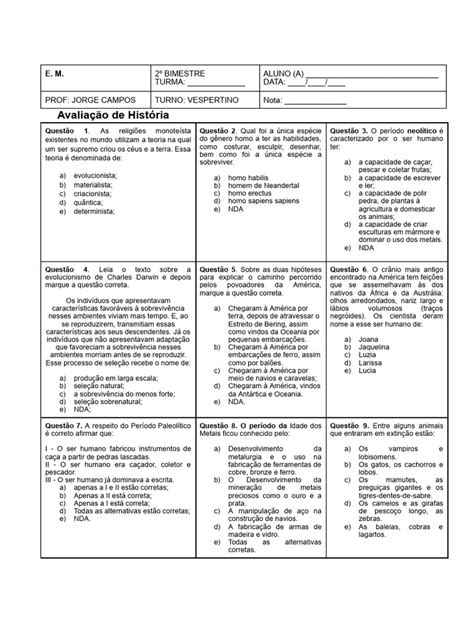 Avaliação 6º Ano Origem Dos Seres Humanos Pdf Homo Humano