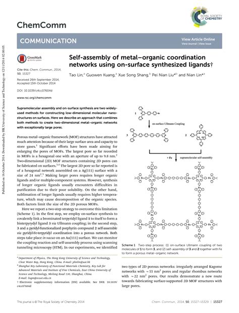 Pdf Self Assembly Of Metalorganic Coordination Networks Using On