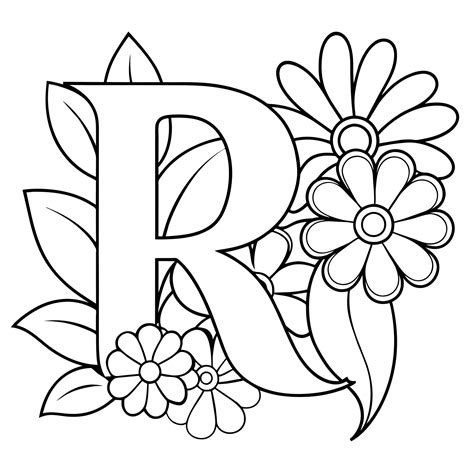 Alphabet R Coloring Page With The Flower R Letter Digital Outline Floral Coloring Page Abc