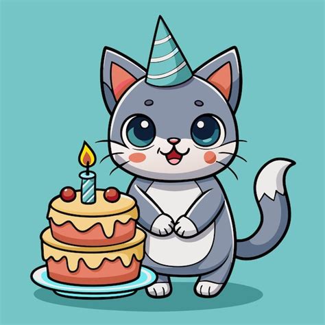 귀여운 고양이 생일 축제 만화 터 디자인 프리미엄 벡터