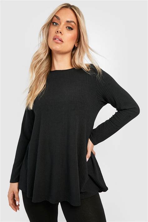 Black Plus Soft Rib Long Sleeve Top Boohoo Uk