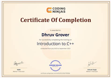 Certificate Of Completion Of Coding Ninjas Cpp Course Dhruv Grover