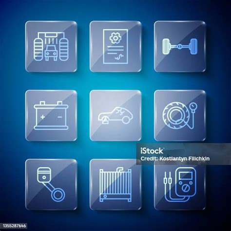 세트 라인 엔진 피스톤 자동차 라디에이터 냉각 시스템 멀티미터 섀시 자동차 부서진 배터리 세척 및 타이어 압력 게이지 아이콘 벡터 교통사고 충돌 사고에 대한 스톡 벡터 아트