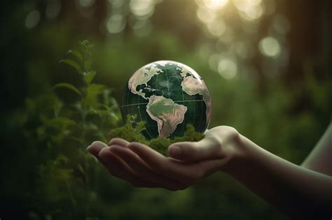 Premium Photo Hand Holding Ecosystem Globe On Lush Green Background