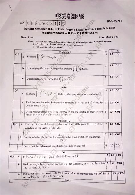 Mathematics Ii For Cse Stream Work With It It Will Be Helpfulhelp You Q Q Q Q Usn