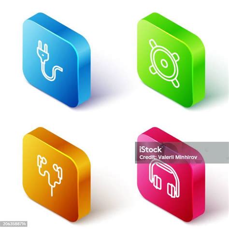 아이소메트릭 라인 전기 플러그 스테레오 스피커 에어 헤드폰 및 헤드폰 아이콘을 설정합니다 벡터 3차원 형태에 대한 스톡 벡터 아트 및 기타 이미지 Istock