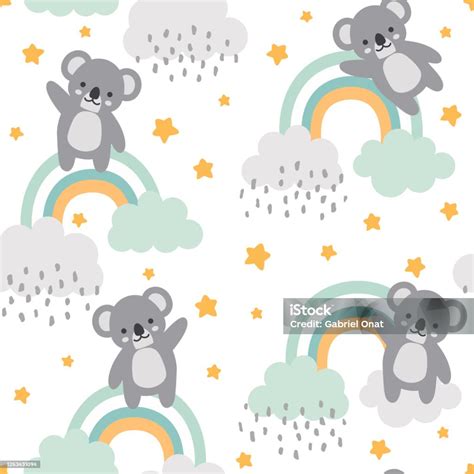 코알라 원활한 패턴 배경 구름과 별 사이 하늘에서 비행 행복 귀여운 코알라 겨울에 대한 스톡 벡터 아트 및 기타 이미지 겨울 곰 구름 Istock
