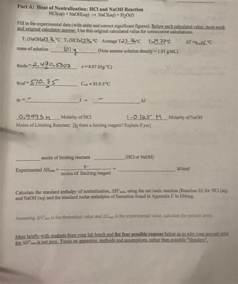 Solved Part A Heat Of Neutralization Hci And Naoh Reaction