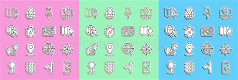 Set Line City Map Navigation Wind Rose Folded With Push Pin Push Compass Globe Flying Plane