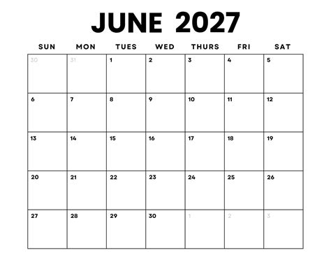 June 2027 Monthly Calendar Printable Minimalist Pdf Planner Digital Download Etsy
