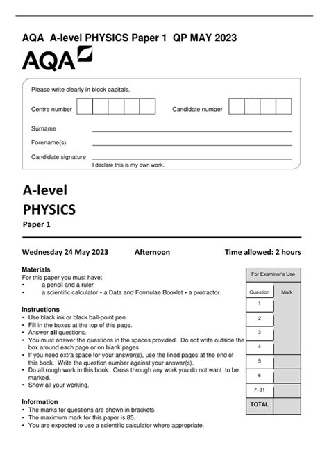 AQA A Level PHYSICS Paper 1 2 And 3 3A And 3B Question Paper And Mark Schemes Bundle 2023