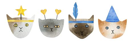 파티 고양이와 수채화 손으로 그린 세트 카드 커버 포스터 어린이 장식 및 스크랩 북만화 스타일의 고양이 머리 생일 재미 새끼 고양이입니다 생일에 대한 스톡 벡터 아트 및