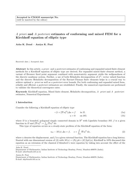 Pdf A Priori And A Posteriori Estimates Of Conforming And Mixed Fem For A Kirchhoff Equation