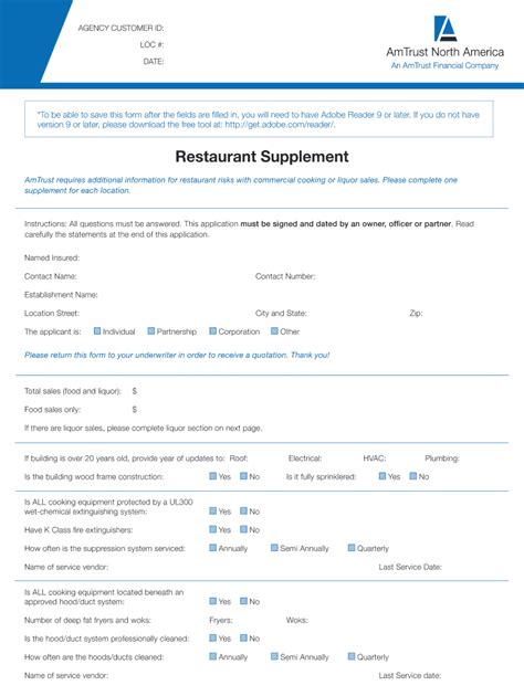 Fillable Online Restaurant Supplement AmTrust Fax Email Print PdfFiller