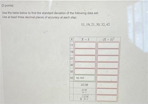 solved 2 points use the table below to find the standard