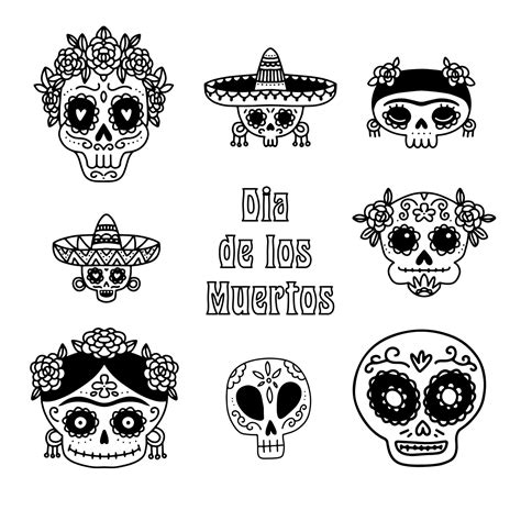 Mexican Sugar Skull Set Dia De Los Muertos Icons Collection In Doodle