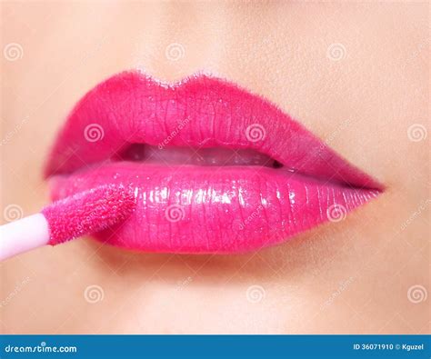 Hot Pink Lipstick Lip Gloss On Lips And Brush Stock Photo Image Of Glamour Girl