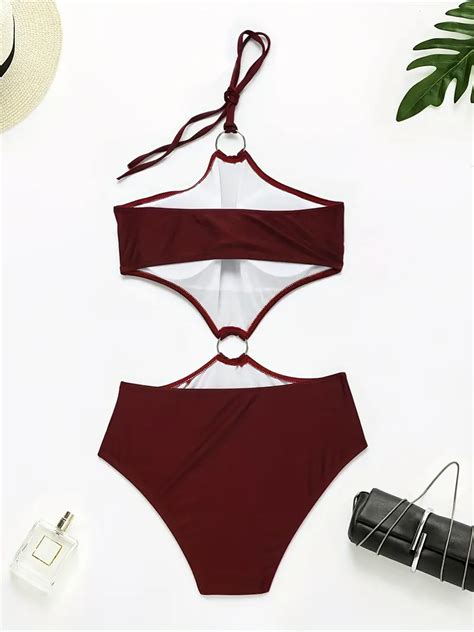 Ring Linked One Piece Swimsuit Solid Color Cut Out Halter Neck High