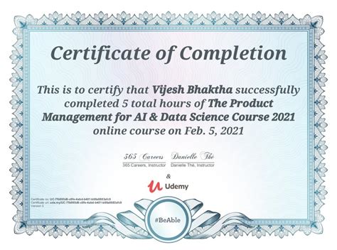 Udemy Course Completion Certificate Vijesh Bhaktha Rajagopal