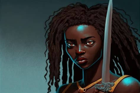 Chica De Piel Oscura Con Una Ilustración Plana De Fantasía De Espada