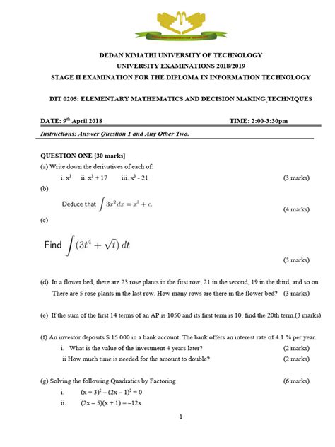 Dit 0205 Elementary Mathematics And Decision Making Techniq Print Pdf Quadratic Equation