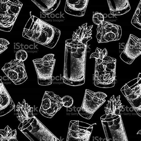 칵테일 은 매끄러운 패턴을 손으로 그린 벡터 그림입니다 알코올 칵테일 스케치 세트 각인 된 스타일 막대에 대한 디자인 템플릿입니다 패턴에 대한 스톡 벡터 아트 및 기타