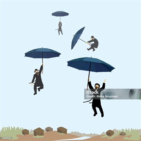 검은 옷 모자 양복 및 새시를 입은 유대인 추종자들의 그림 우산을 들고 공중에서 날아 다니는 춤 고대의 작은 마을 아래에있을 때