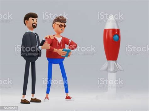 혁신과 스타트업 개념 두 남자 만화 캐릭터가 로켓을 발사합니다 3d 그림 3차원 형태에 대한 스톡 사진 및 기타 이미지 3차원 형태 개념 개념과 주제 Istock