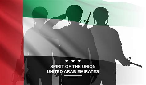 흰색 바탕에 Uae의 국기를 가진 군인들의 실루엣 아랍 에미리트의 군대 Uae 순국 기념의 날에 대한 스톡 벡터 아트 및 기타