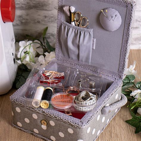 Grey Polka Dot Small Sewing Box Dunelm