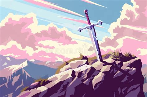 A Sword On Top Of A Rock In The Sky Stock Illustration Illustration