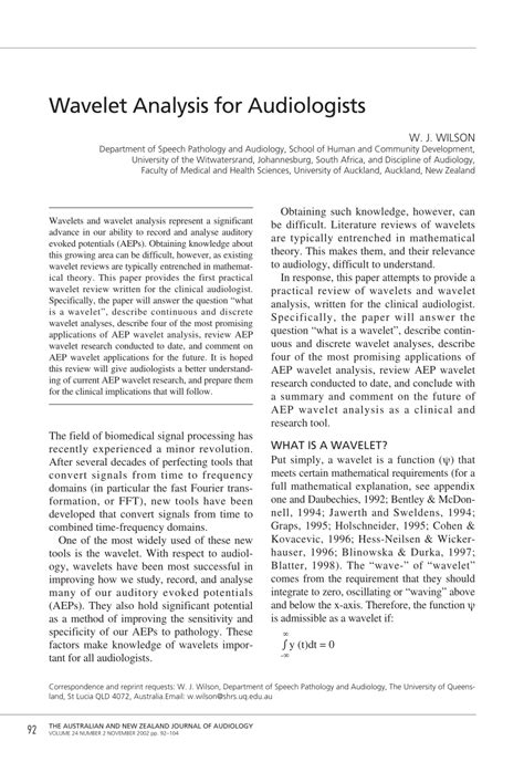 Pdf Wavelet Analysis For Audiologists