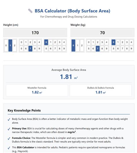 Body Surface Area Bsa Calculator Mosteller And Du Bois