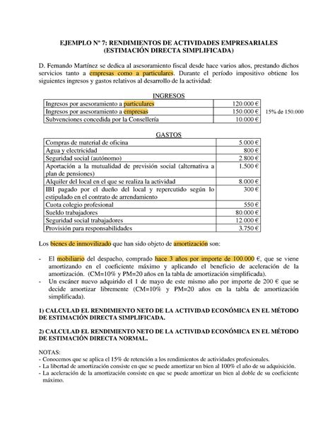 Ejercicios de Rendimientos de Actividades Económicas EJEMPLO Nº RENDIMIENTOS DE ACTIVIDADES