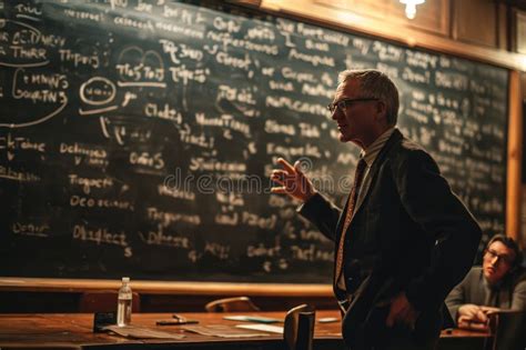 A Teacher Giving An Engaging Lecture In Front Of A Chalkboard Covered