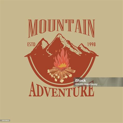 캠프 파이어와 산악 풍경의 빈티지 일러스트 포스터 카드 배너 엠블럼 기호에 대한 디자인 요소 벡터 그림입니다 벡터 일러스트레이션 고풍스런에 대한 스톡 벡터 아트 및 기타