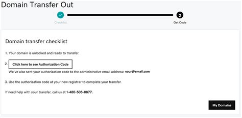 how to get domain transfer authorization code registration from godaddy