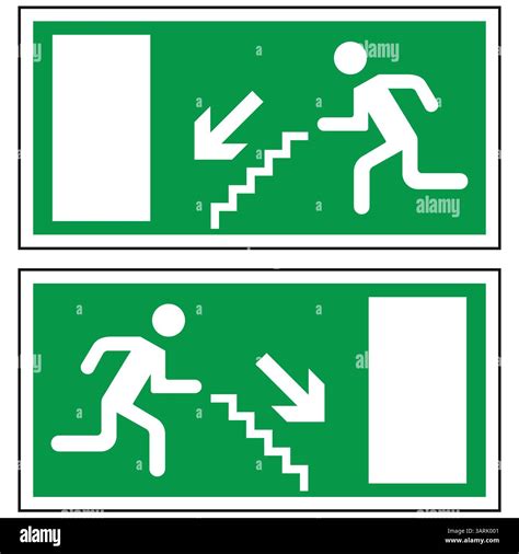 Green Emergency Exit Signs Indicating Escape Routes With Stairs And Running People Essential