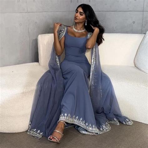 Luxury Crystal Blue Mermaid Evening Dresses With Cape Sleeves Formal
