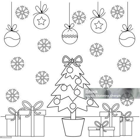 크리스마스 트리 선물과 눈송이 초등색의 귀여운 심플한 어린이 색칠 공부책 컬러링 북 페이지 일러스트레이션 기법에 대한 스톡 벡터 아트 및 기타 이미지 컬러링 북 페이지