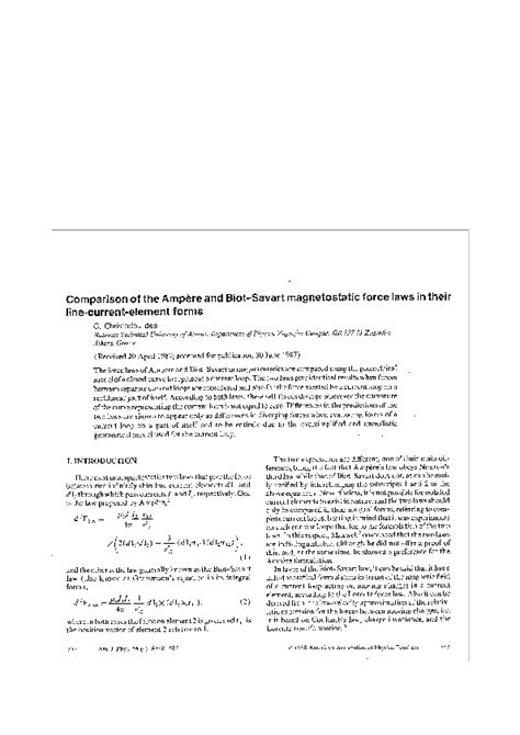 Pdf Comparison Of The Ampère And Biotsavart Magnetostatic Force Laws In Their Line‐current
