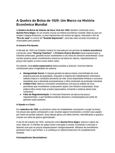 A Quebra Da Bolsa De 1929 Um Marco Na História Econômica Mundial Pdf