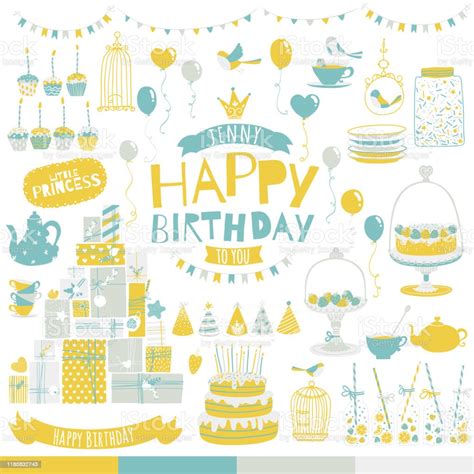 생일 세트입니다 손으로 그린 스타일의 벡터 요소입니다 한정된 세련된 파스텔 팔레트는 직물과 종이에 인쇄하기에 이상적입니다 케이크 선물 모자 공 등 0명에 대한 스톡 벡터