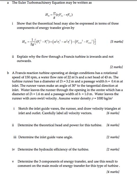 Solved A The Euler Turbomachinery Equation May Be Written As