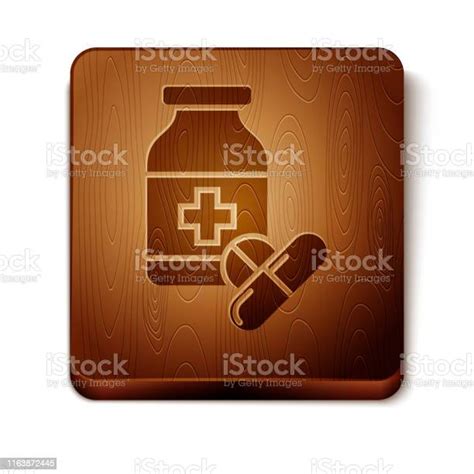갈색 의학 병 과 알 약 아이콘 흰색 배경에 격리 병 알 약 기호입니다 약국 디자인 나무 사각형 버튼입니다 벡터 일러스트레이션
